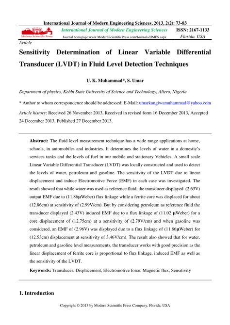 Pdf Sensitivity Determination Of Linear Variable Differential Transducer Lvdt In Fluid Level