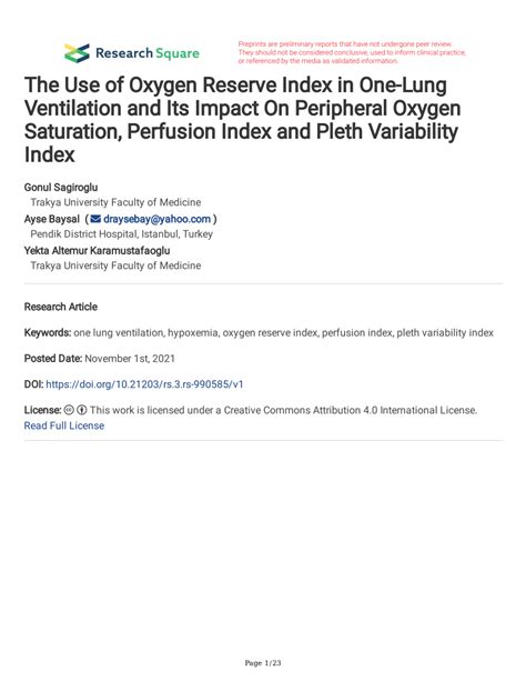 Pdf The Use Of Oxygen Reserve Index In One Lung Ventilation And Its