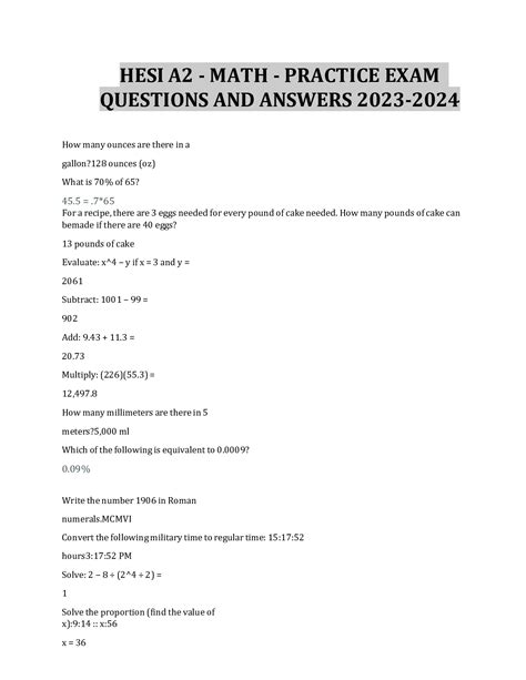 Hesi A2 Math Practice Exam Questions And Answers 2023 2024 Scholarfriends