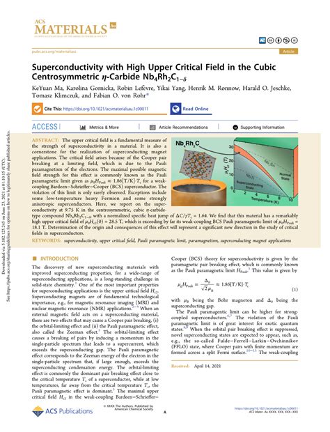 Pdf Superconductivity With High Upper Critical Field In The Cubic Centrosymmetric η Carbide Nb