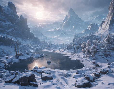 A Snowy Mountain Landscape With A River And A Mountain Range Seaart Ai