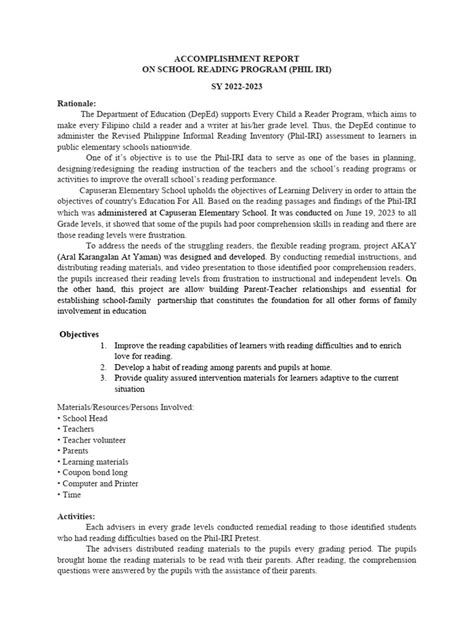 Accomplishment Report On Reading Phil Iri Pdf Reading Comprehension Learning