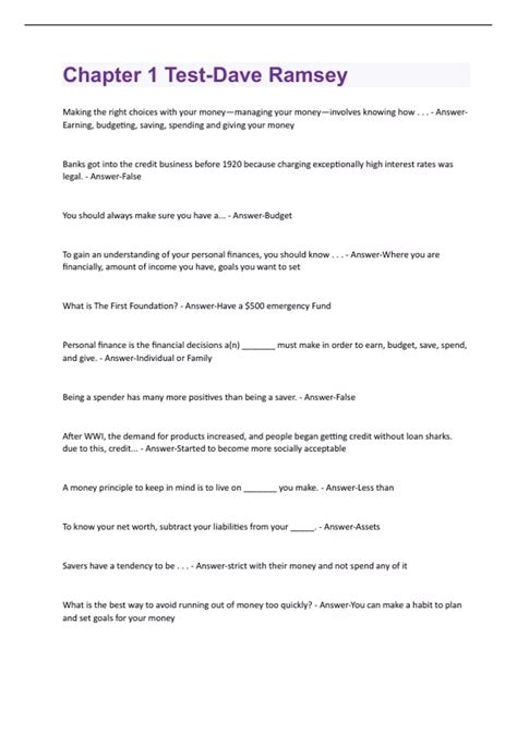 Chapter 1 Test Dave Ramsey Questions And Answers 100 Solved Correctly Chapter 1 Dave Ramsey