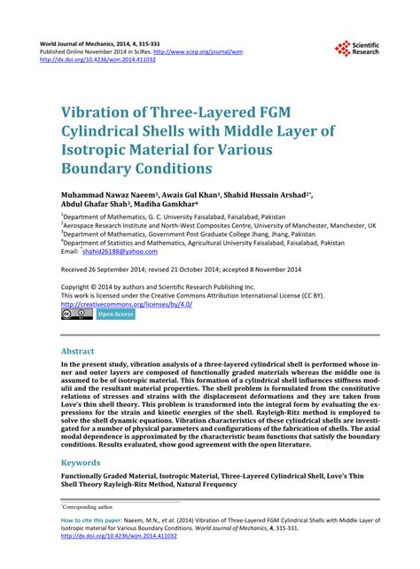 Pdf Vibration Of Three Layered Fgm Cylindrical Shells With Middle Layer Of Isotropic Material