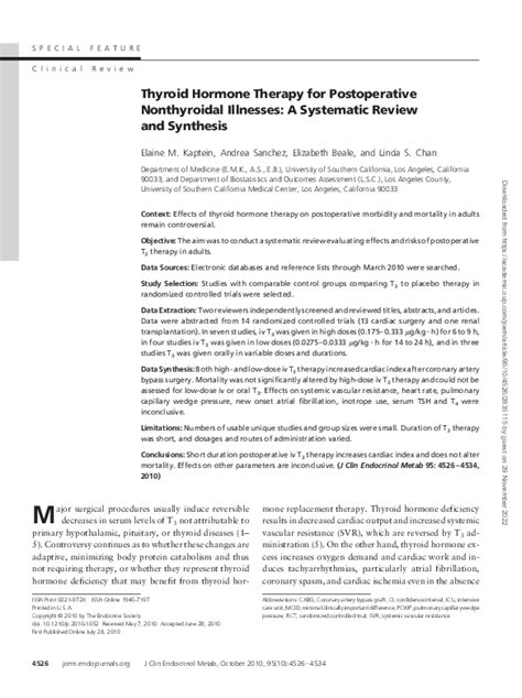 Pdf Thyroid Hormone Therapy For Postoperative Nonthyroidal Illnesses