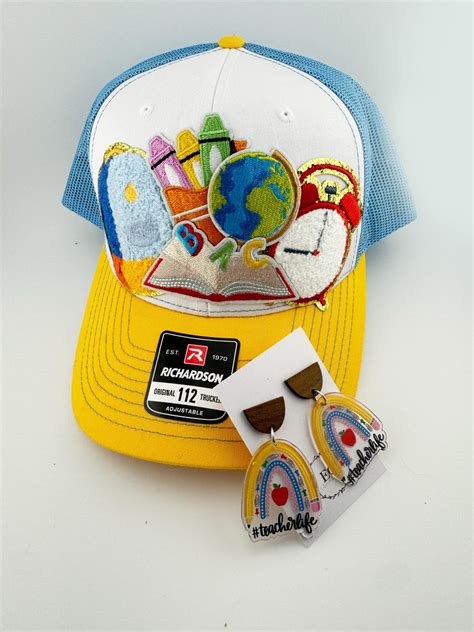 Teacher Themed Chenille Patch Custom Trucker Hat And Teacher Life Earrings Pair Richardson 112
