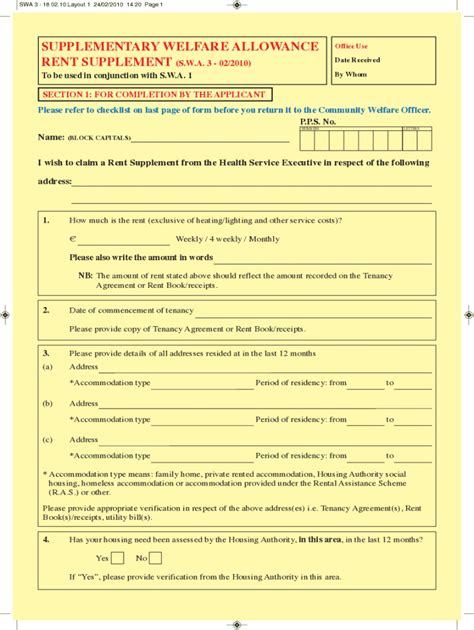 Supplementary Welfare Allowance Rent Supplement Swa 3 022010 Fill