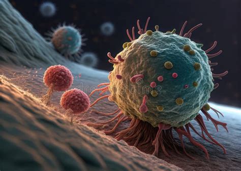 Microscopic View Of Immune Cells Attacking Cancer Cells Stock