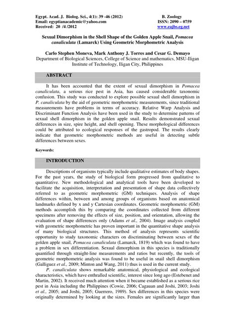 PDF Sexual Dimorphism In The Shell Shape Of The Golden Apple Snail Pomacea Canaliculata