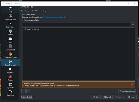 cannot find pip3 error on speech to text configuration r kdenlive
