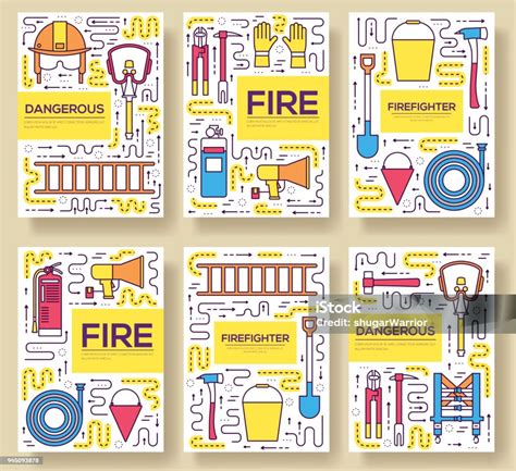 플랫 소방 관 제복 벡터 브로셔 카드 선 집합입니다 먼저 서식 파일 Flyear 잡지 포스터 책 표지 배너의 도움이 됩니다 레이아웃 악기 그림 현대 페이지 개요 0명에 대한