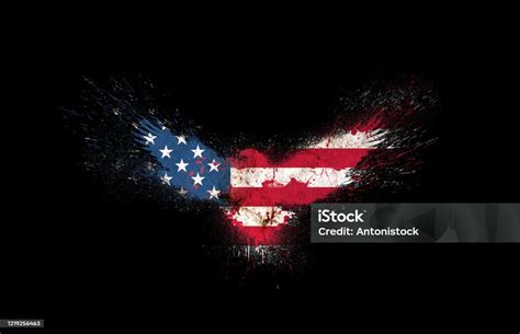 검은 배경에 고립 된 페인트 튀김과 확산 날개와 비행 독수리의 미국 그런지 플래그 실루엣 페인트 스플래시와 확산 날개와 비행 독수리의 형태로 미국 국기 실루엣 미국 국기에