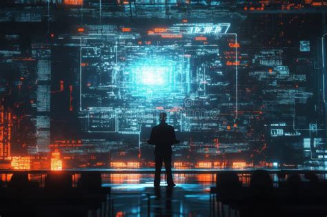 Technology Expert Analyzes Futuristic Data Visualization In A Darkened Room With Glowing Screens
