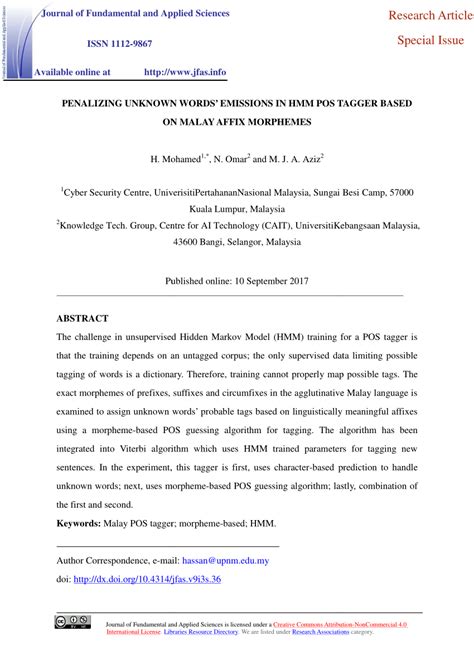 Pdf Penalizing Unknown Words Emissions In Hmm Pos Tagger Based On Malay Affix Morphemes