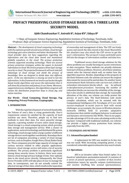 Irjet Privacy Preserving Cloud Storage Based On A Three Layer Security Model Pdf