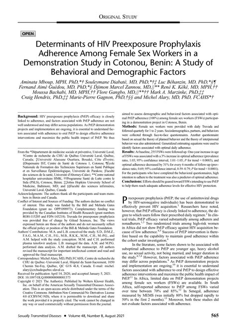 Pdf Determinants Of Hiv Pre Exposure Prophylaxis Prep Adherence Among Female Sex Workers In