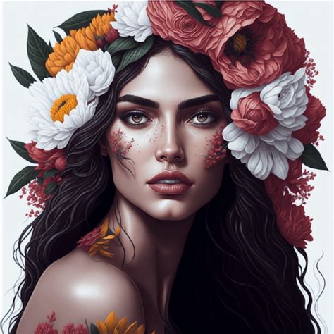 Lindo Rosto De Mulher Com Flores Estilo Boho Minimalista Realista