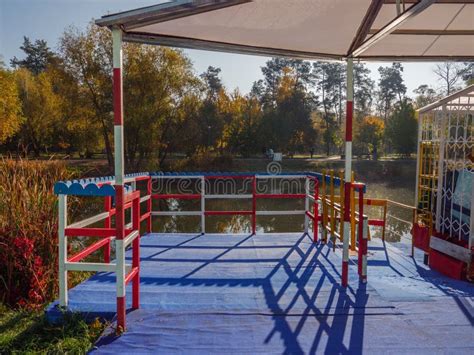 Floating Pontoon Attraction Closed For Cold Season At An Urban Park Stock Image Image Of Pond