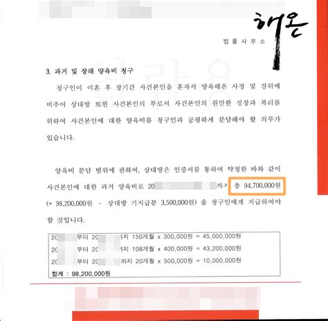 과거 양육비 소송 피고 6500만 원 감액 이혼전문변호사 법률사무소해온