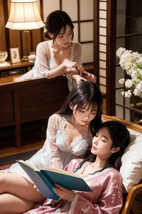 In An Elegant Home、 Wears An Embroidered Silk Nightgown 、 Japanese