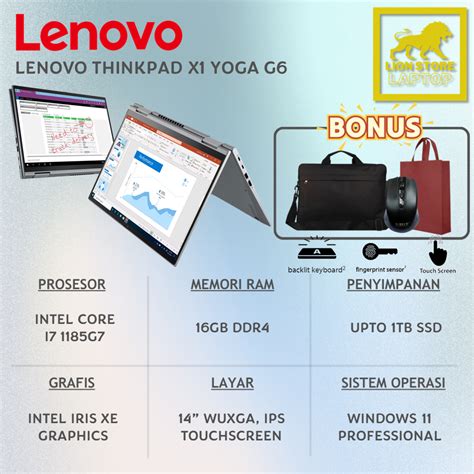 Jual Laptop 2in1 Lenovo Thinkpad X1 Yoga Gen 6 I7 1185G7 RAM 16GB 1TB SSD Layar 14 Inch WUXGA