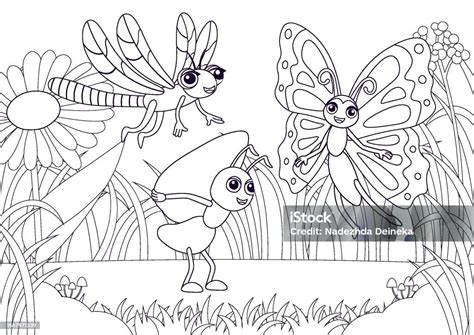 색칠하기 페이지 만화 나비와 잠자리 꽃 하늘 배경이 있는 들판의 여름 풍경 만화 스타일의 벡터 그림 배경 주제에 대한 스톡 벡터 아트 및 기타 이미지 Istock