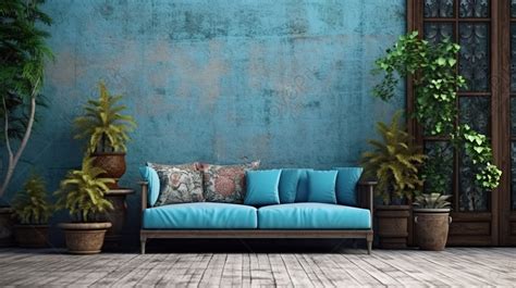 놀라운 3d 렌더링 숨막히는 고대 벽 전망을 갖춘 데크 바닥의 현대적인 파란색 소파 현대적 배경 푸른 벽 배경 소파 벽 배경 이미지 Hd 현대적 푸른 벽 소파
