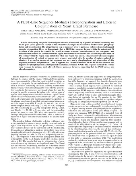 Pdf A Pest Like Sequence Mediates Phosphorylation And Efficient Ubiquitination Of Yeast Uracil
