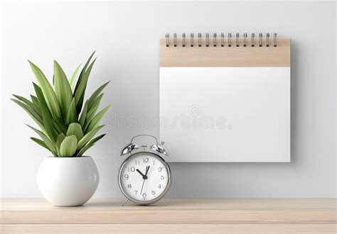 blank notepad and alarm clock on white table stock illustration