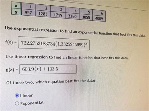 solved y f x 1 2 957 1283 use exponential regression to
