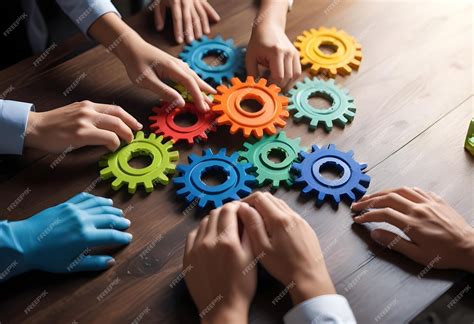 Premium Photo Hands Assembling Colorful Gears Representing Teamwork