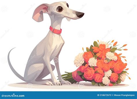 Whippet Cute Cartoon Character With Bouquet Single Object Di Cut Png