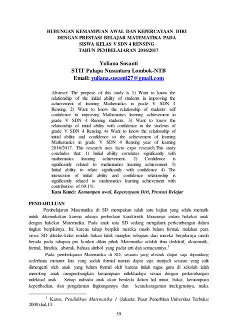 PDF Hubungan Kemampuan Awal Dan Kepercayaan Diri Dengan Prestasi Belajar Matematika Pada Siswa