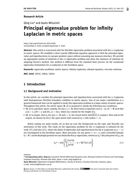 Pdf Principal Eigenvalue Problem For Infinity Laplacian In Metric Spaces