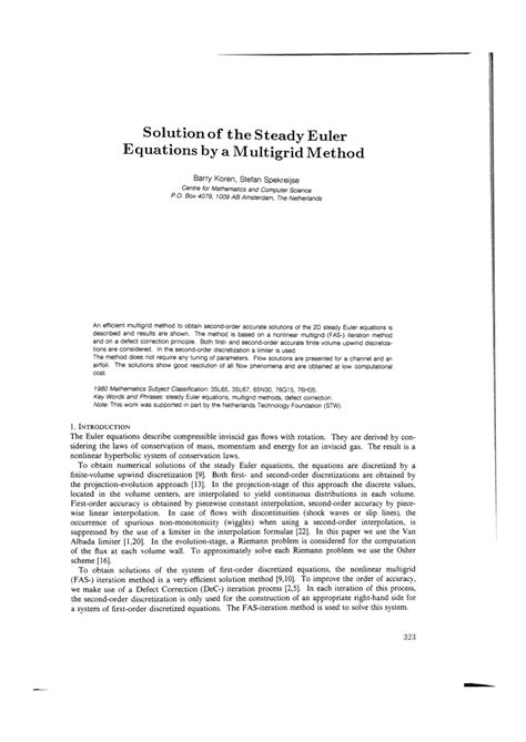Pdf Solution Of The Steady Euler Equations By A Multigrid Method