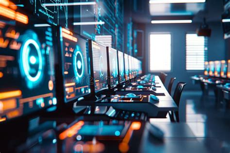 Futuristic Technology Innovative Command Hub Center With Multiple Monitors Displaying Data