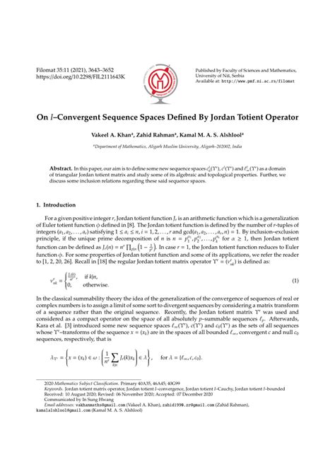 Pdf On I Convergent Sequence Spaces Defined By Jordan Totient Operator