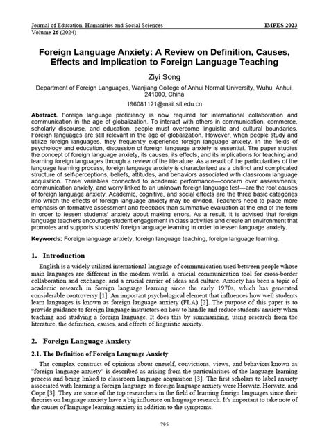 Foreign Language Anxiety A Review On Definition Ca Pdf Second