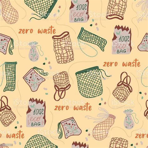 메쉬 또는 메쉬 쇼핑백은 환경 친화적 인 생활 벡터 원활한 패턴을위한 것입니다 비건 제로 폐기물 개념의 패션 구매자 배너 엽서 포스터를위한 다채로운 손으로 그린 벡터