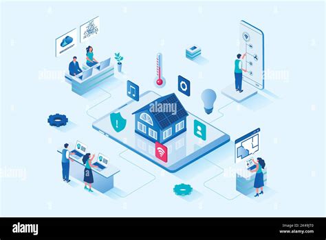 Smart Home 3d Isometric Web Design People Monitor And Control Sensors