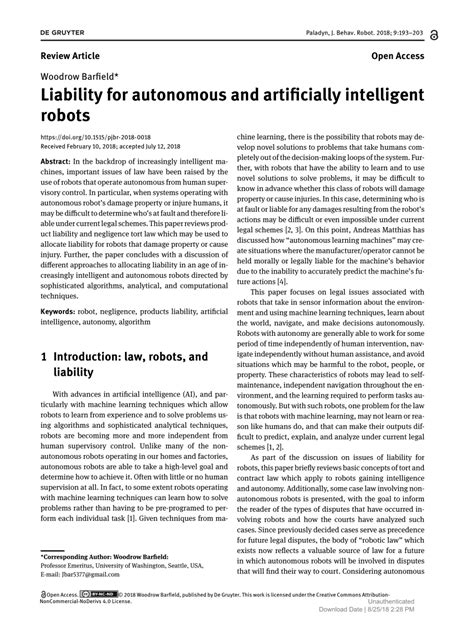 Pdf Liability For Autonomous And Artificially Intelligent Robots