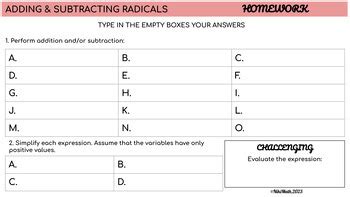 Adding Subtracting Radicals Square Roots Digital Practice Homework