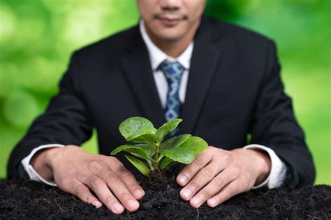 Premium Photo A Man In A Suit Holds A Small Plant In The Soil