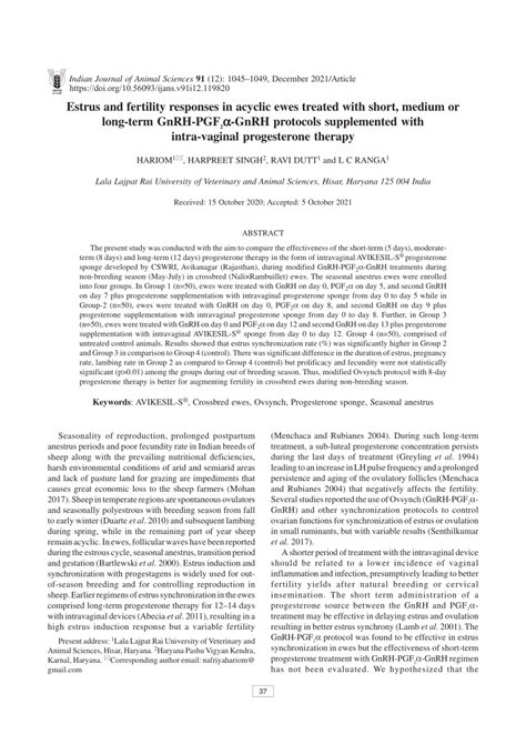 Pdf Estrus And Fertility Responses In Acyclic Ewes Treated With Short