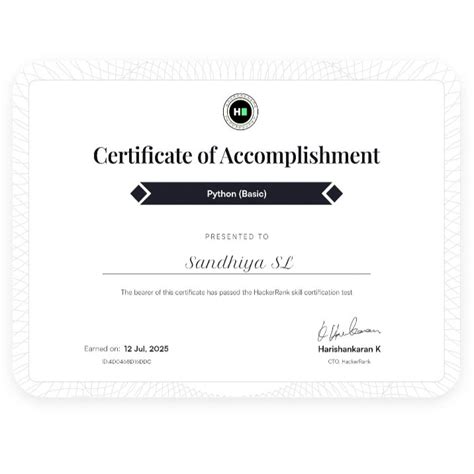 passed python basic certification on hackerrank sandhiya sl posted on