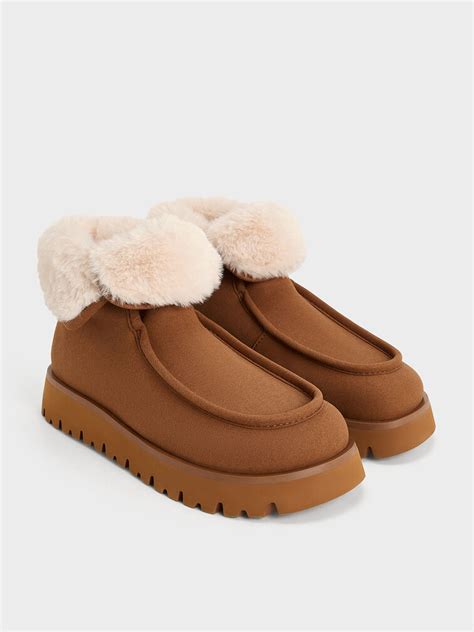 Brown Textured Fur Lined Ridged Sole Ankle Boots Brown Charles