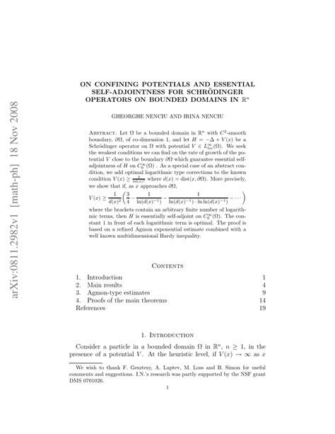Pdf On Confining Potentials And Essential Self Adjointness For Schrödinger Operators On