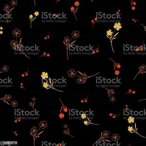 빈티지 야생 초원 꽃 원활한 벡터 패턴 배경입니다 검은 배경에 흩어져있는 노란색 붉은 꽃 라인 아트 개요 실루엣 식물 디자인