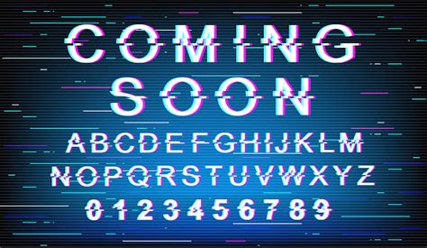 곧 글꼴 템플릿을 결함 파란색 배경에 설정 복고풍 미래 스타일 벡터 알파벳 대문자 숫자 및 기호 왜곡 효과가 있는 공지서문 디자인 0명에 대한 스톡 벡터 아트 및 기타