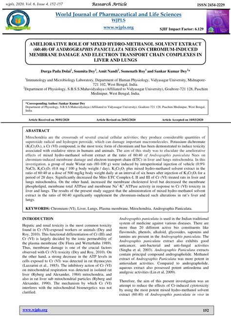 Pdf Ameliorative Role Of Mixed Hydro Methanol Solvent Extract 60 40 Of Andrographis